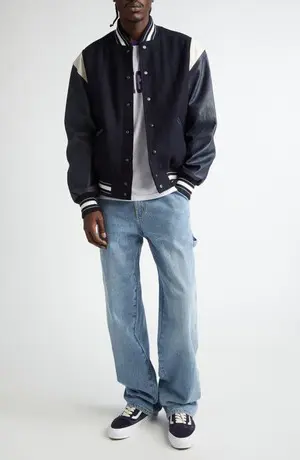 Noon Goons Sayonara Mixed Media Varsity Jacket In Dark Navy - 73